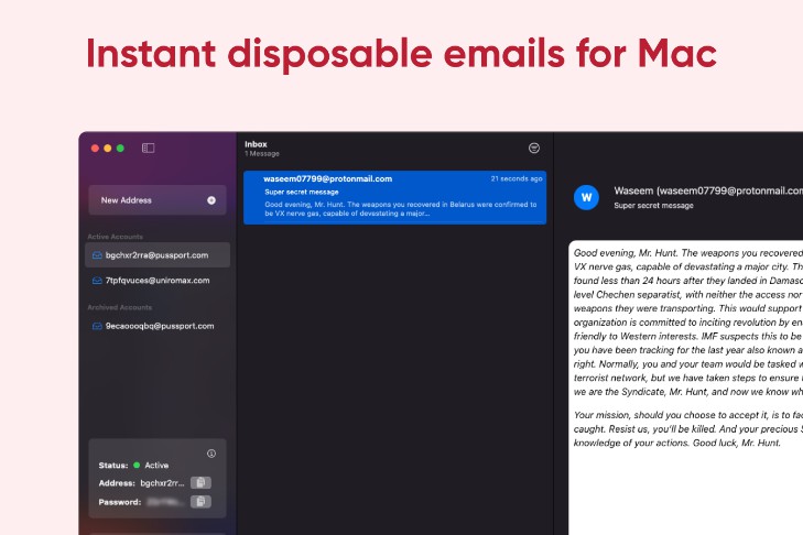 Instant disposable emails for Mac powered by Mail.tm
