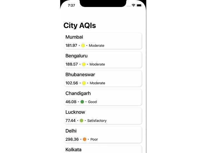 Demo to show Air Quality Indices of Cities (in India) using SwiftUI and Combine Framework