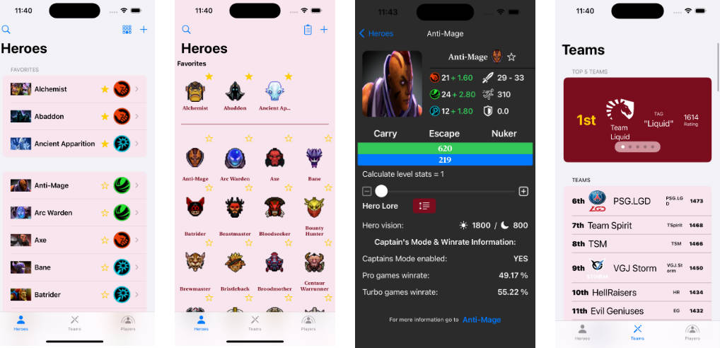 App to show heroes stats, players stats