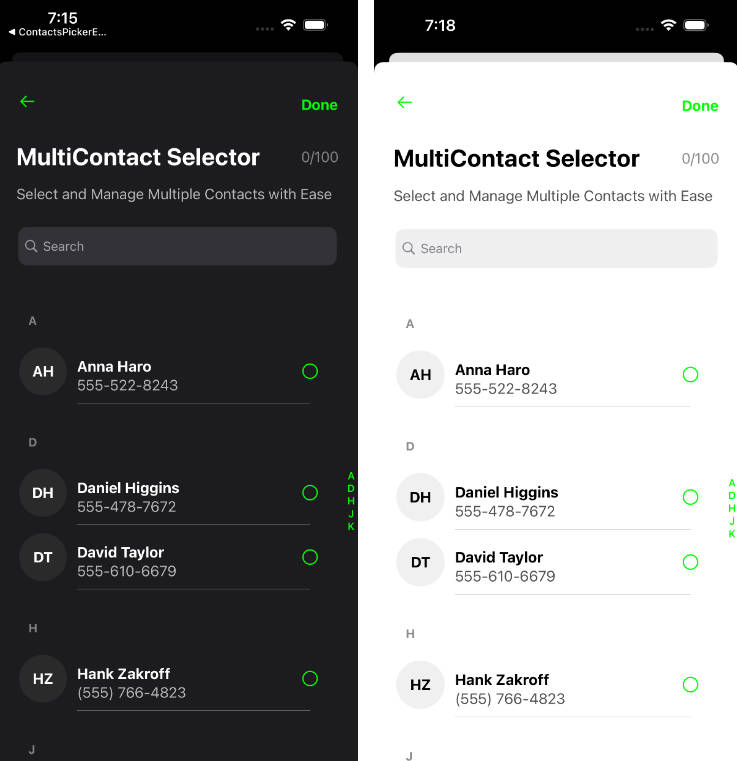 A modern, highly customisable contact picker with multi-selection options